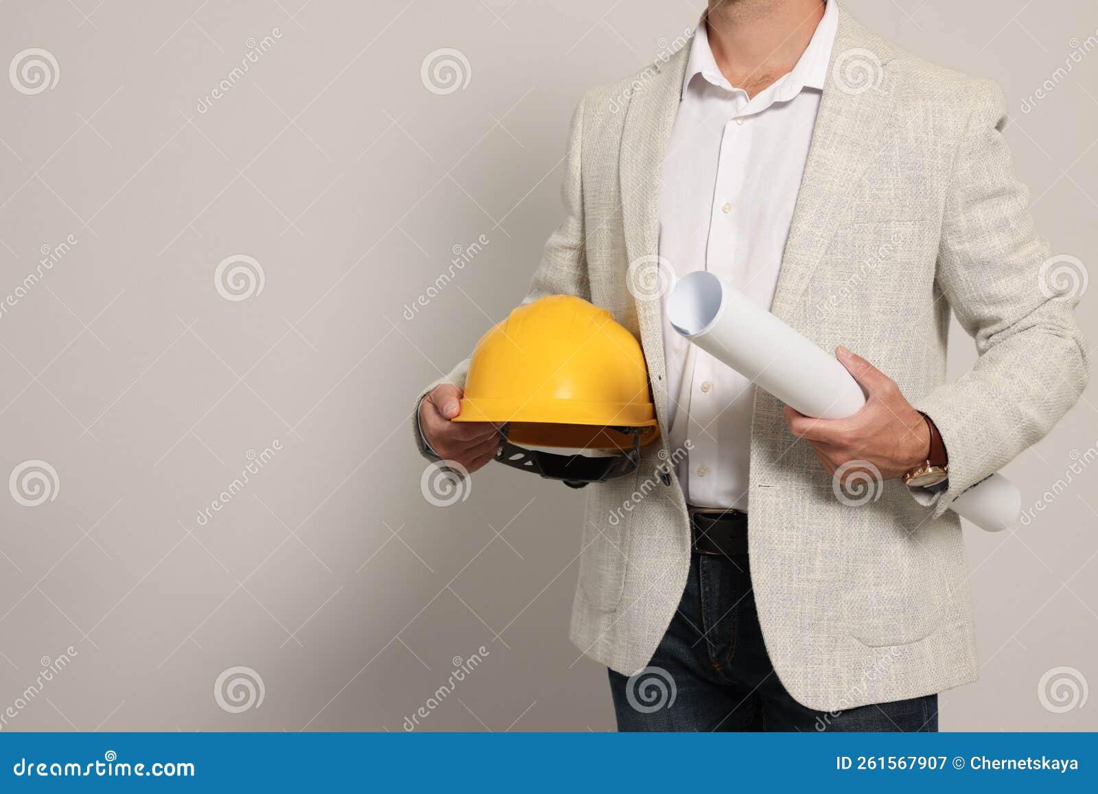 Professional Engineer with Hard Hat and Draft on White Background ...