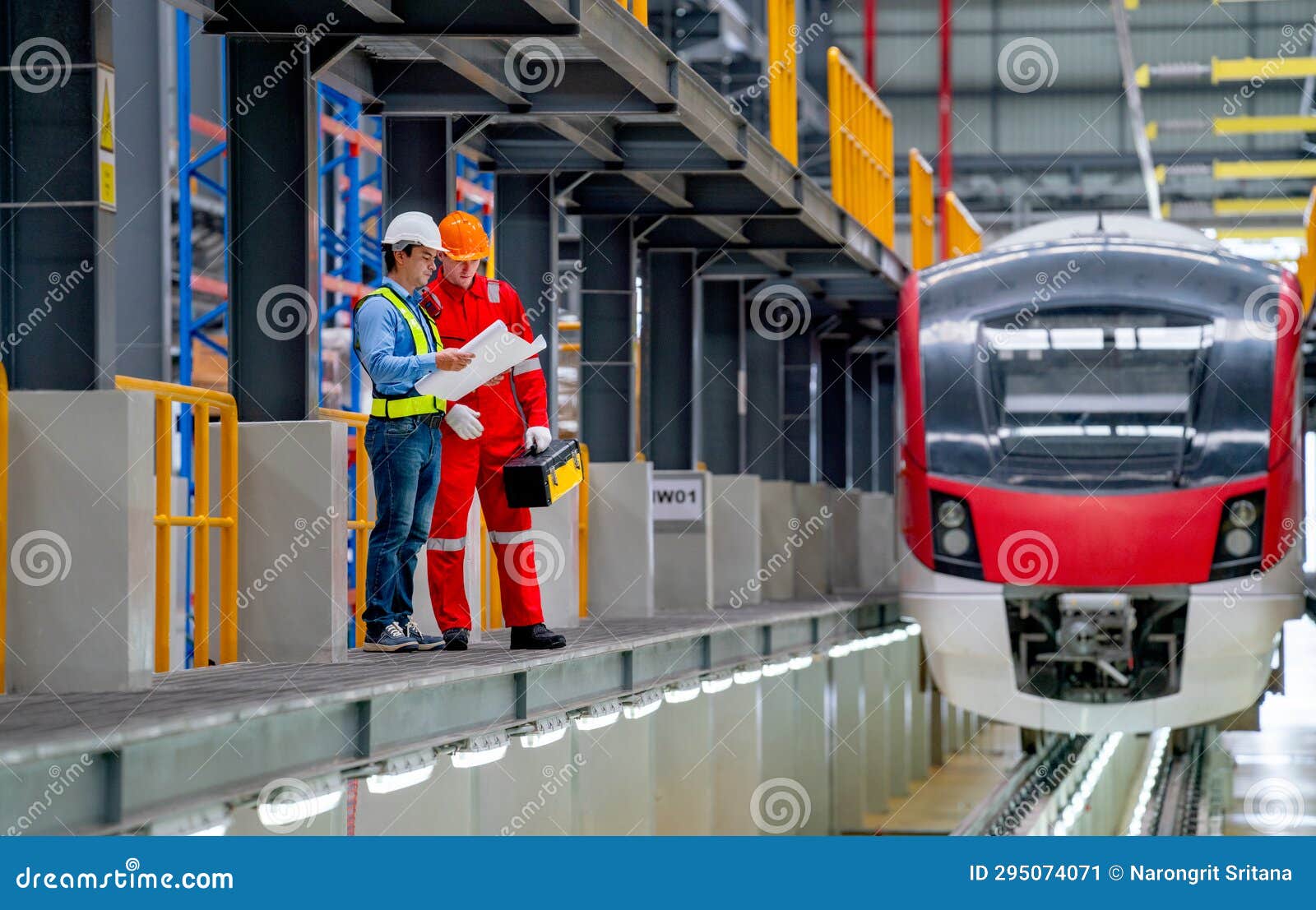 Professional Engineer Hold Drawing Plan and Technician Worker Stay and ...