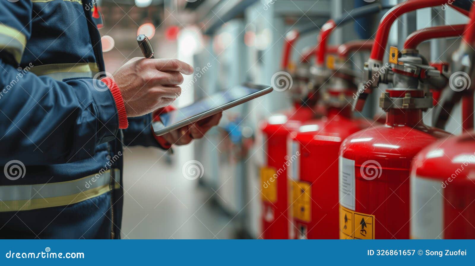 Professional Engineer Inspecting Fire Extinguishers in Fire Control ...