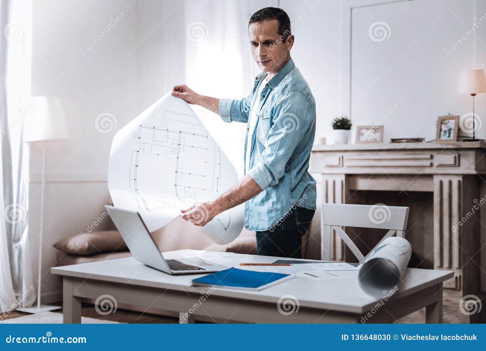 Serious nice man working stock photo. Image of connected - 136648030