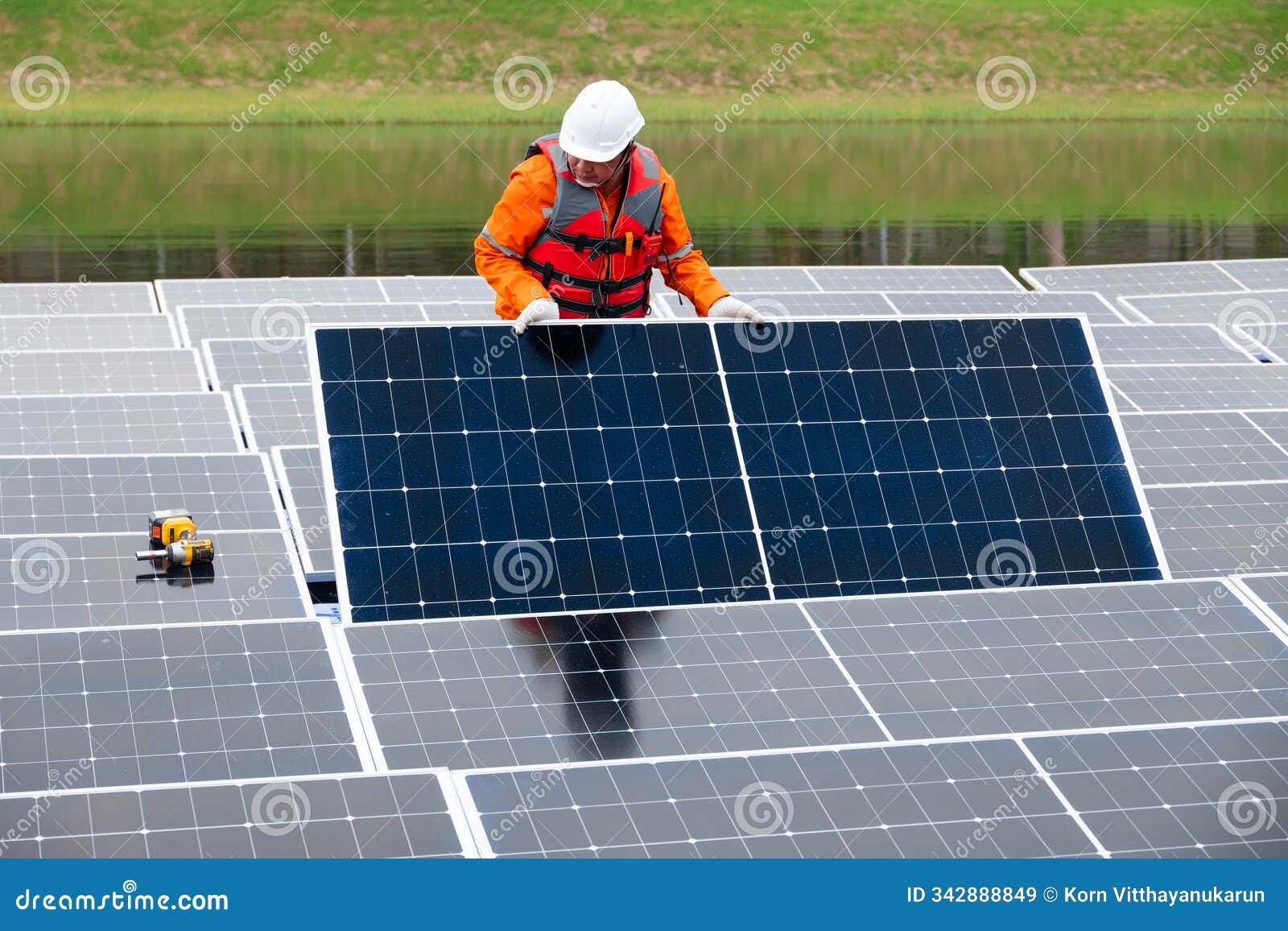 Professional Engineer Service Floating Solar Panel. Worker Maintenance ...