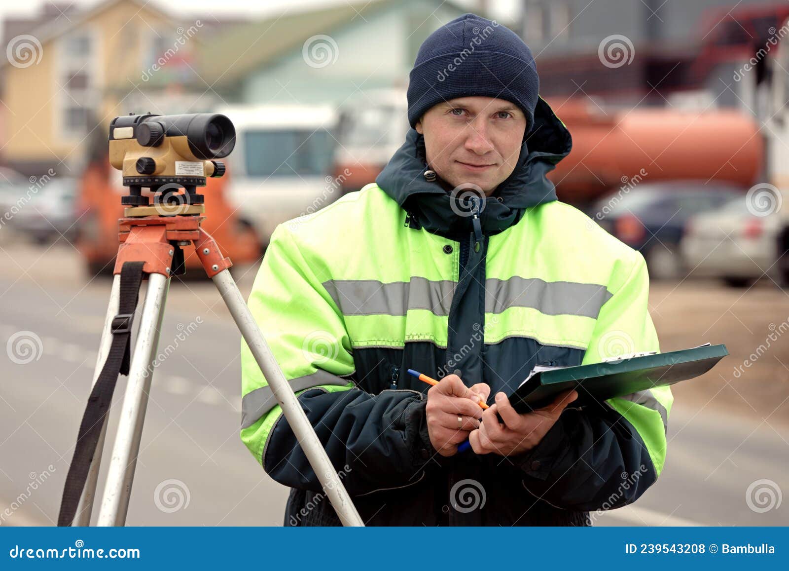 Professional Engineer Surveyor during Road Works with Tacheometer ...