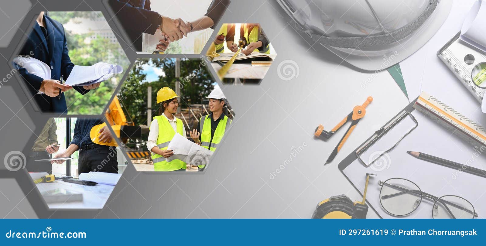 Professional Engineer Team in Work Site and Engineer Desk Background ...