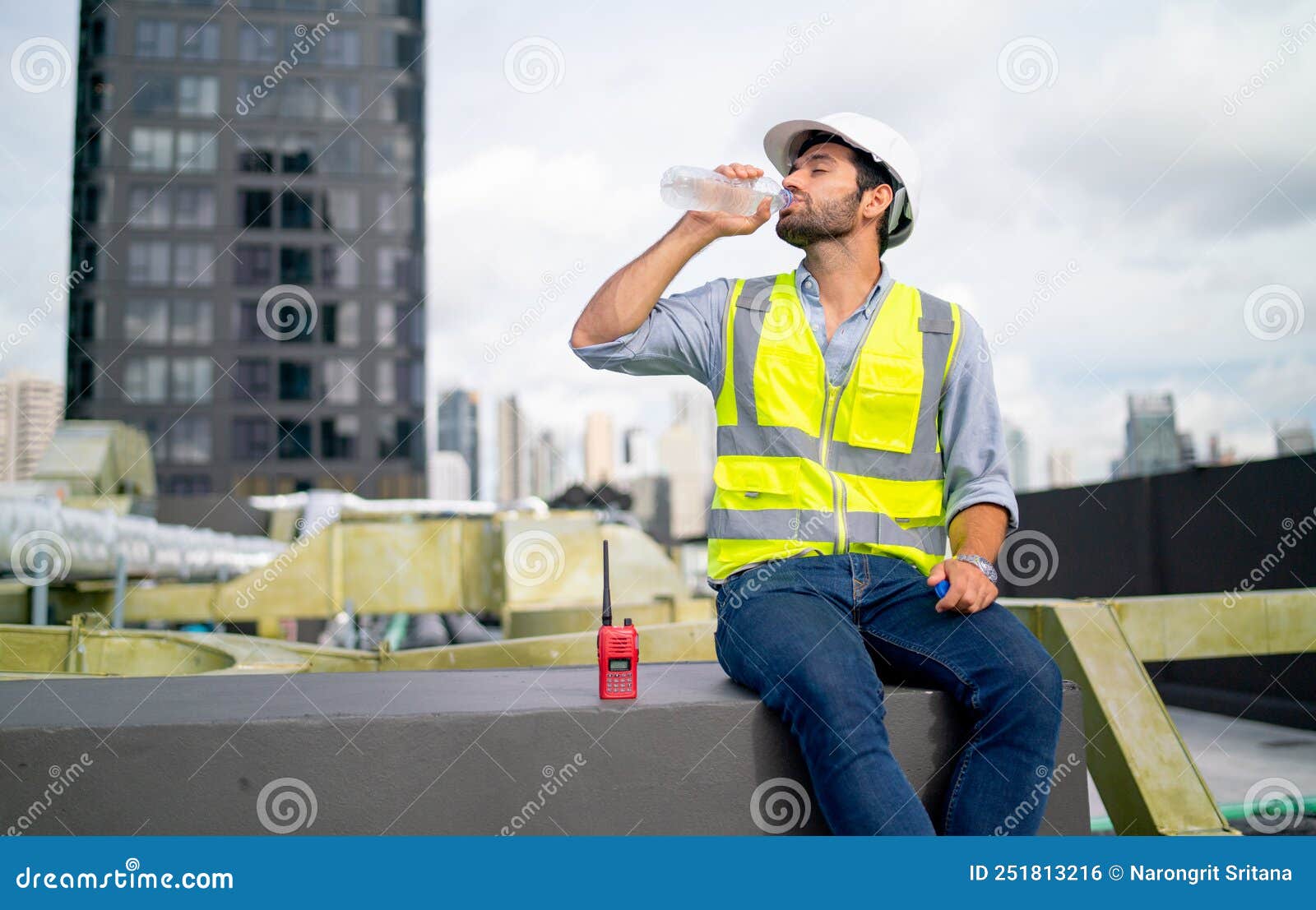 Professional Engineer or Technician Worker Man Drink Water from Bottle ...