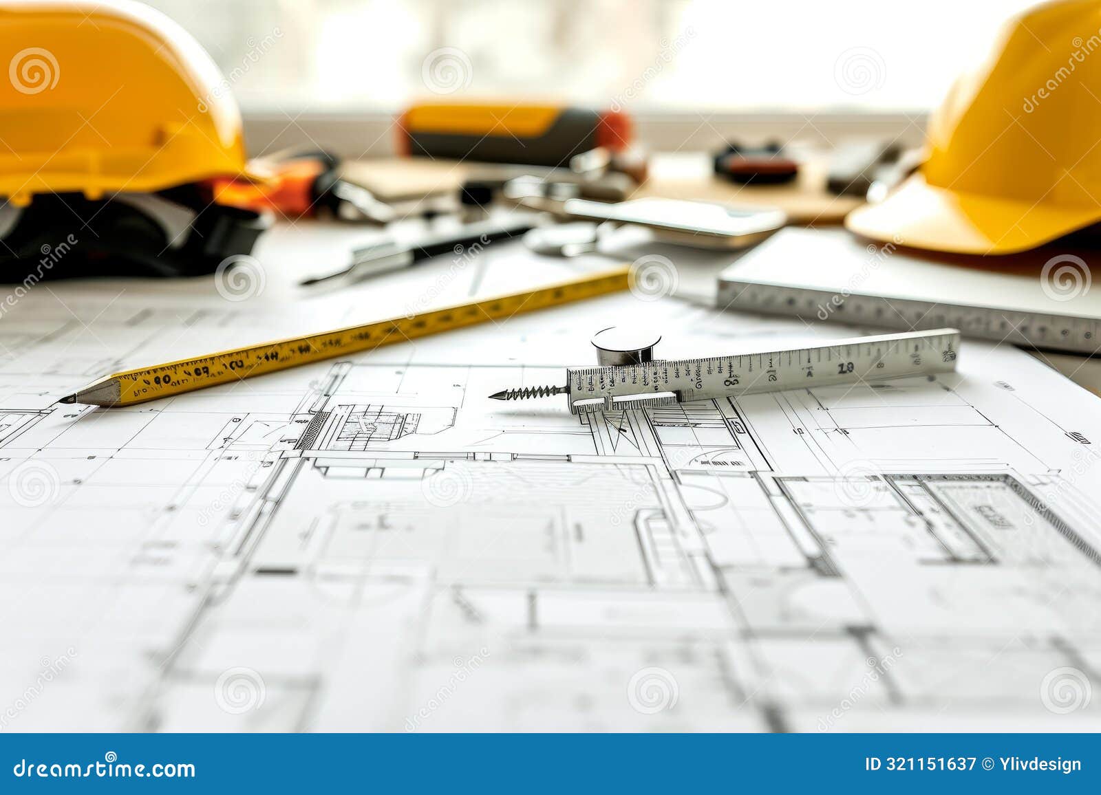 Close-up of Construction Tools and Helmets on Architectural Blueprints at a Work Site Stock ...