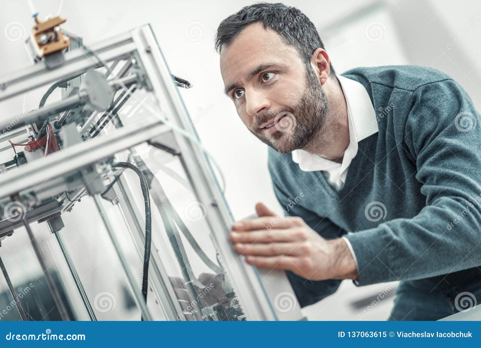 Delighted Nice Adult Engineer Touching 3d Printer Stock Image - Image ...