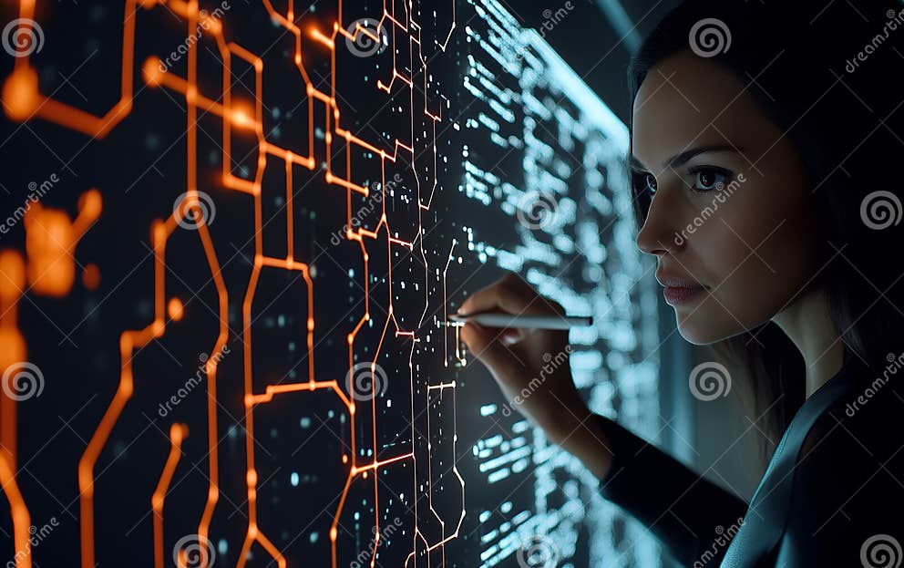 Professional Examining Futuristic Digital Interface with Orange and ...