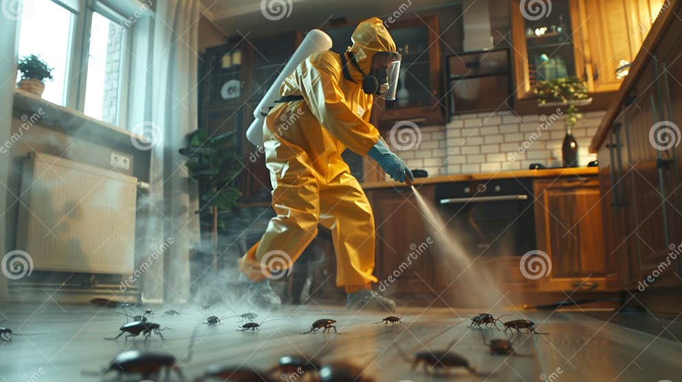 Professional Exterminator Focusing on Cockroach Infestation on Kitchen ...