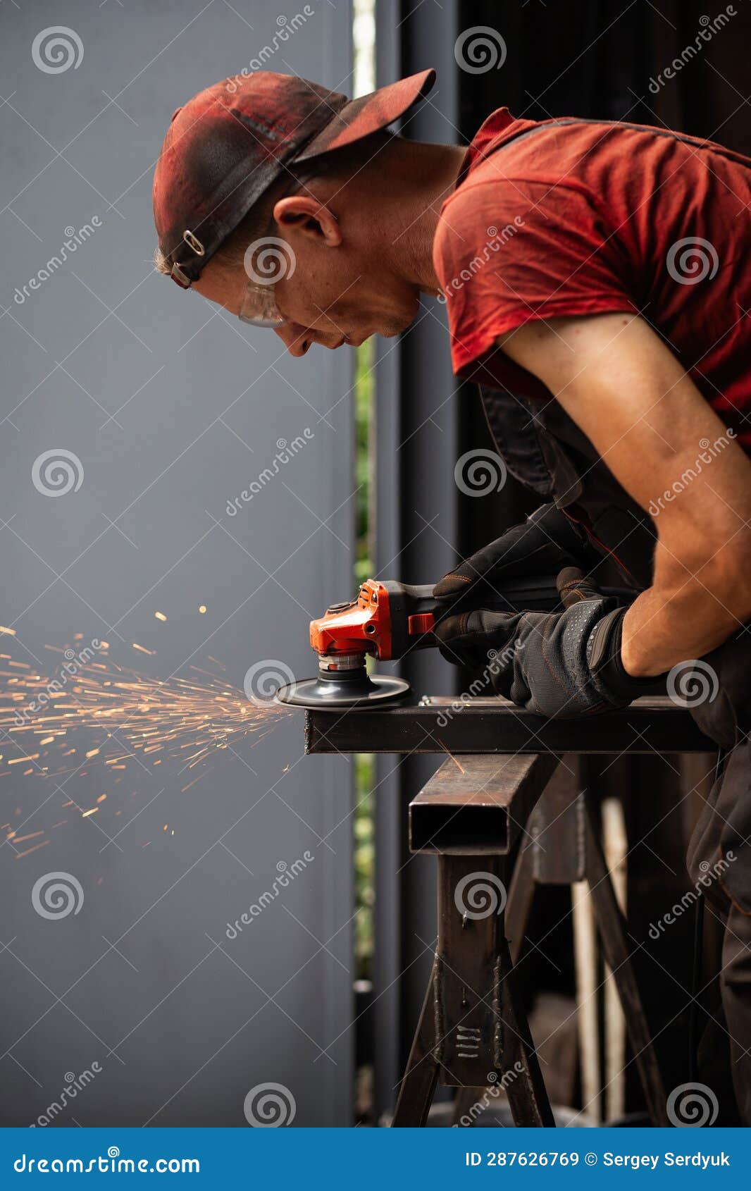 Professional Fabric Worker Working with Metal Profile on the Work Table ...