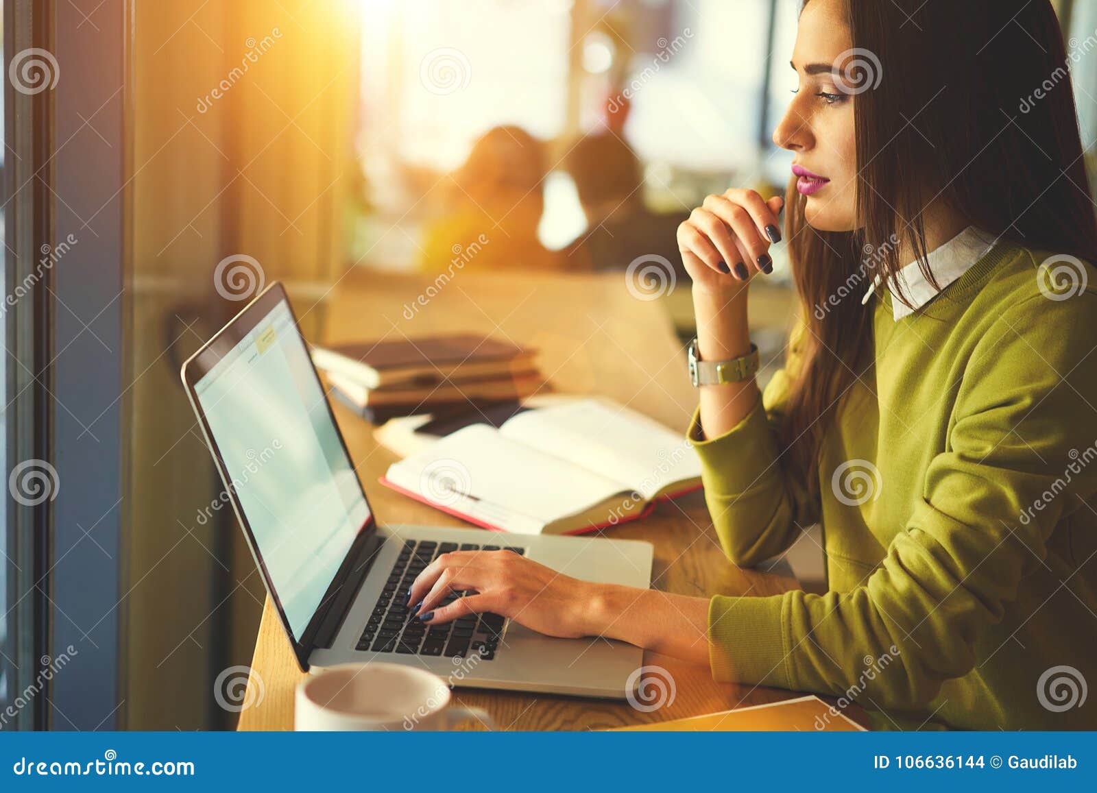 Female Student Using Laptop Computer with Mock Up Screen Connected To ...