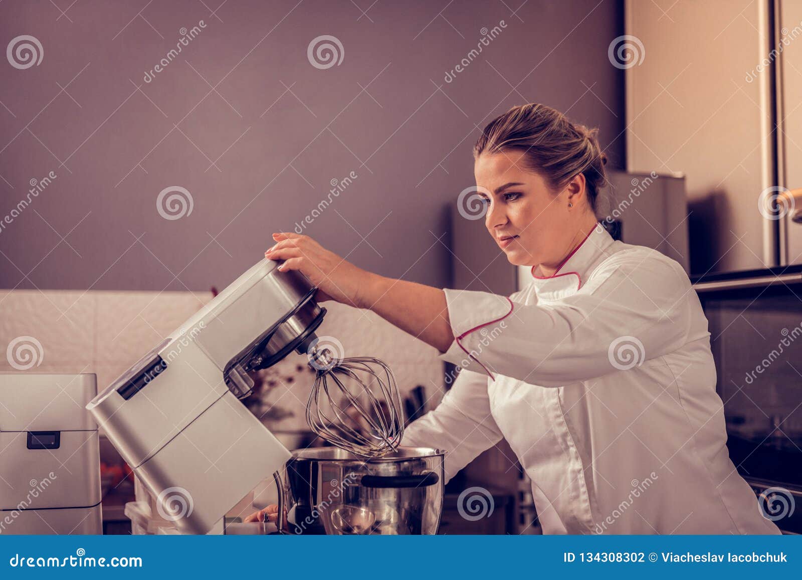 Professional Female Pastry Chef Using Kitchen Machine Stock Photo ...