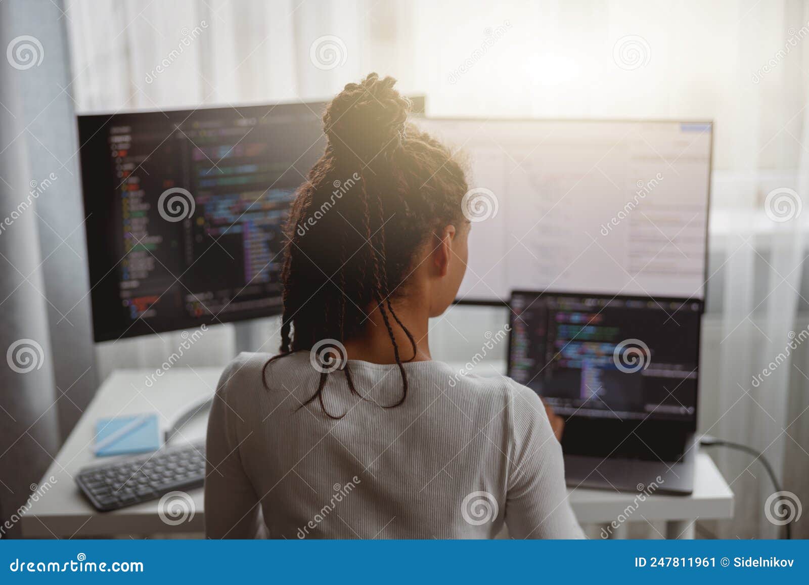 Professional Female Programmer Working on New Project on Computer at ...