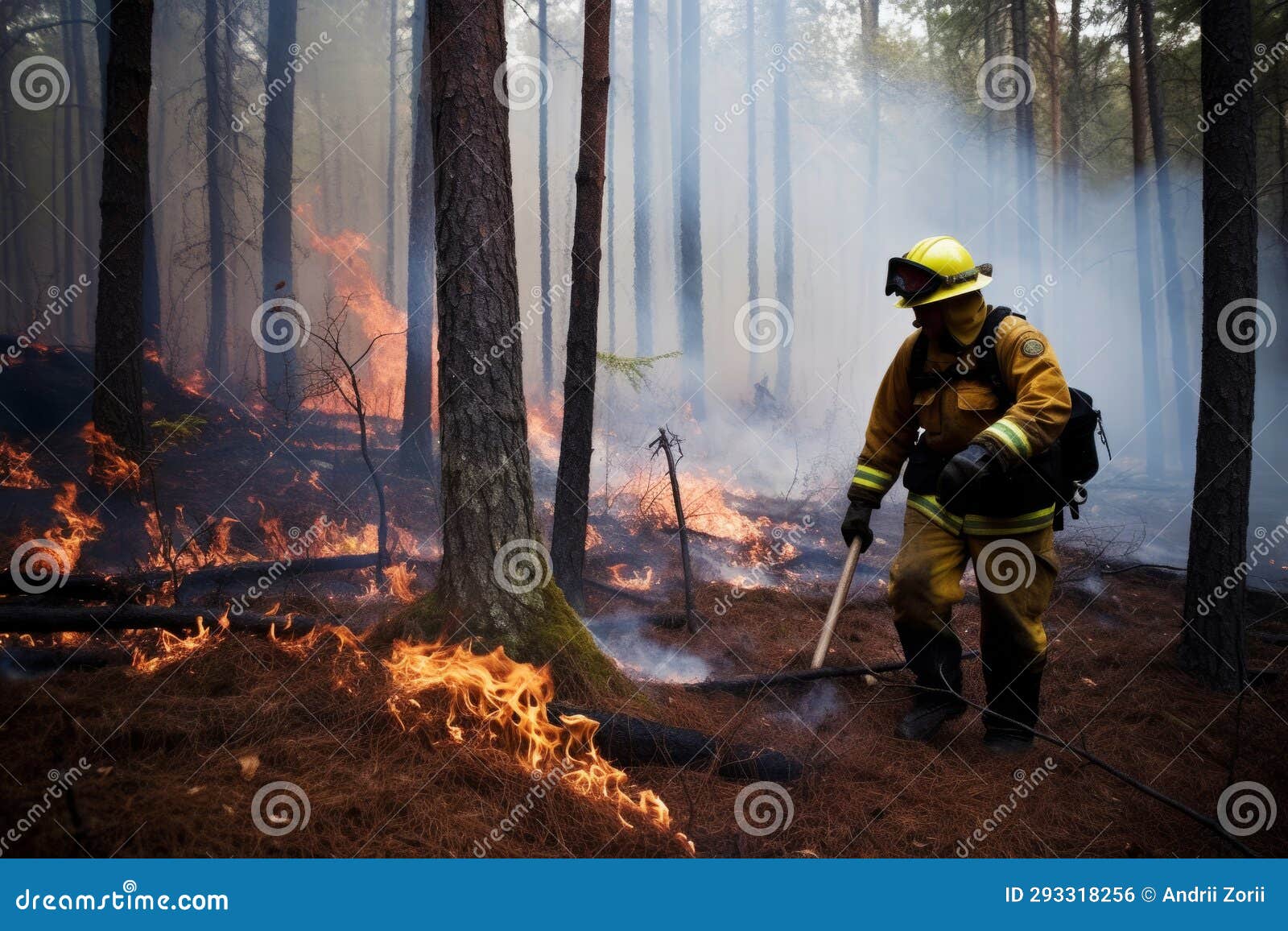 Professional Firefighter Fights Wildfire. Firefighter Extinguishing ...