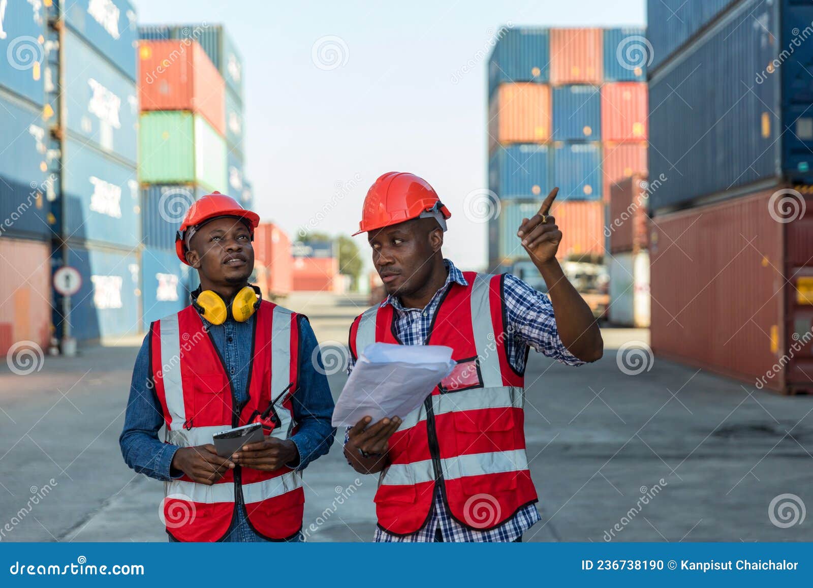 Professional Foreman Work at Container Cargo Site Check Up Goods in ...
