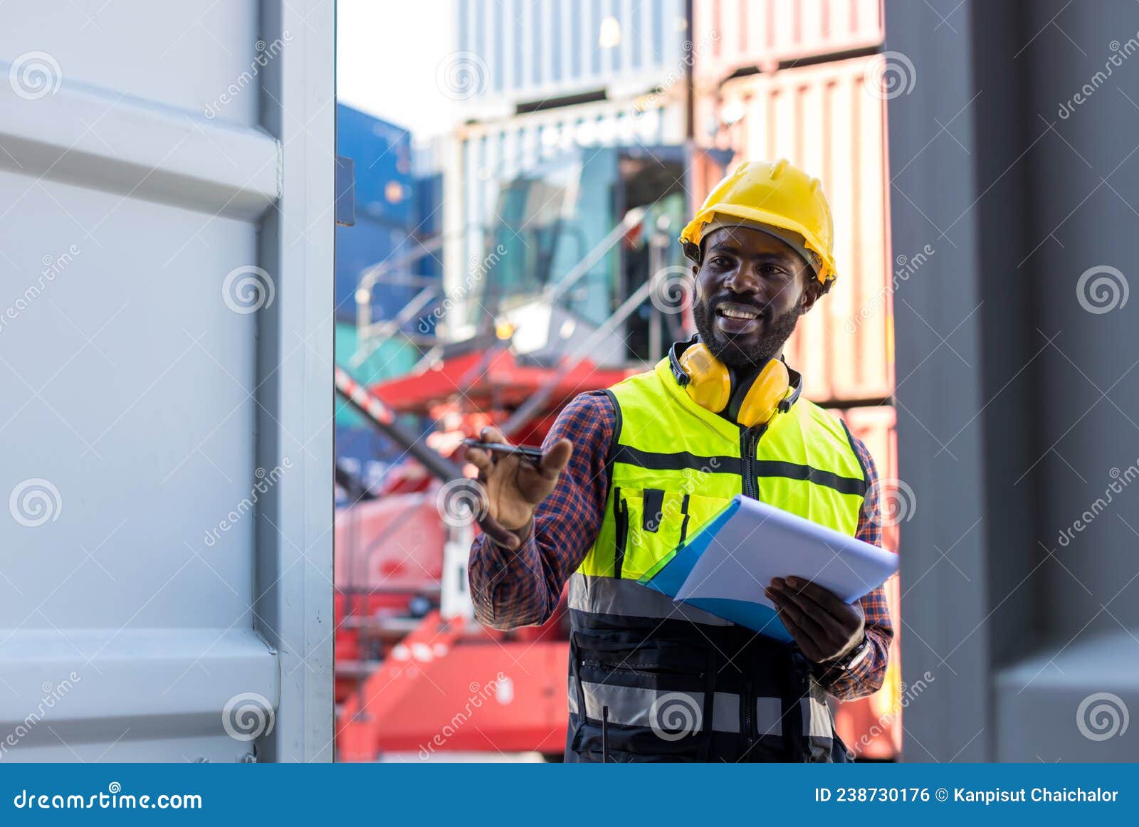 Professional Foreman Work at Container Cargo Site Check Up Goods in ...