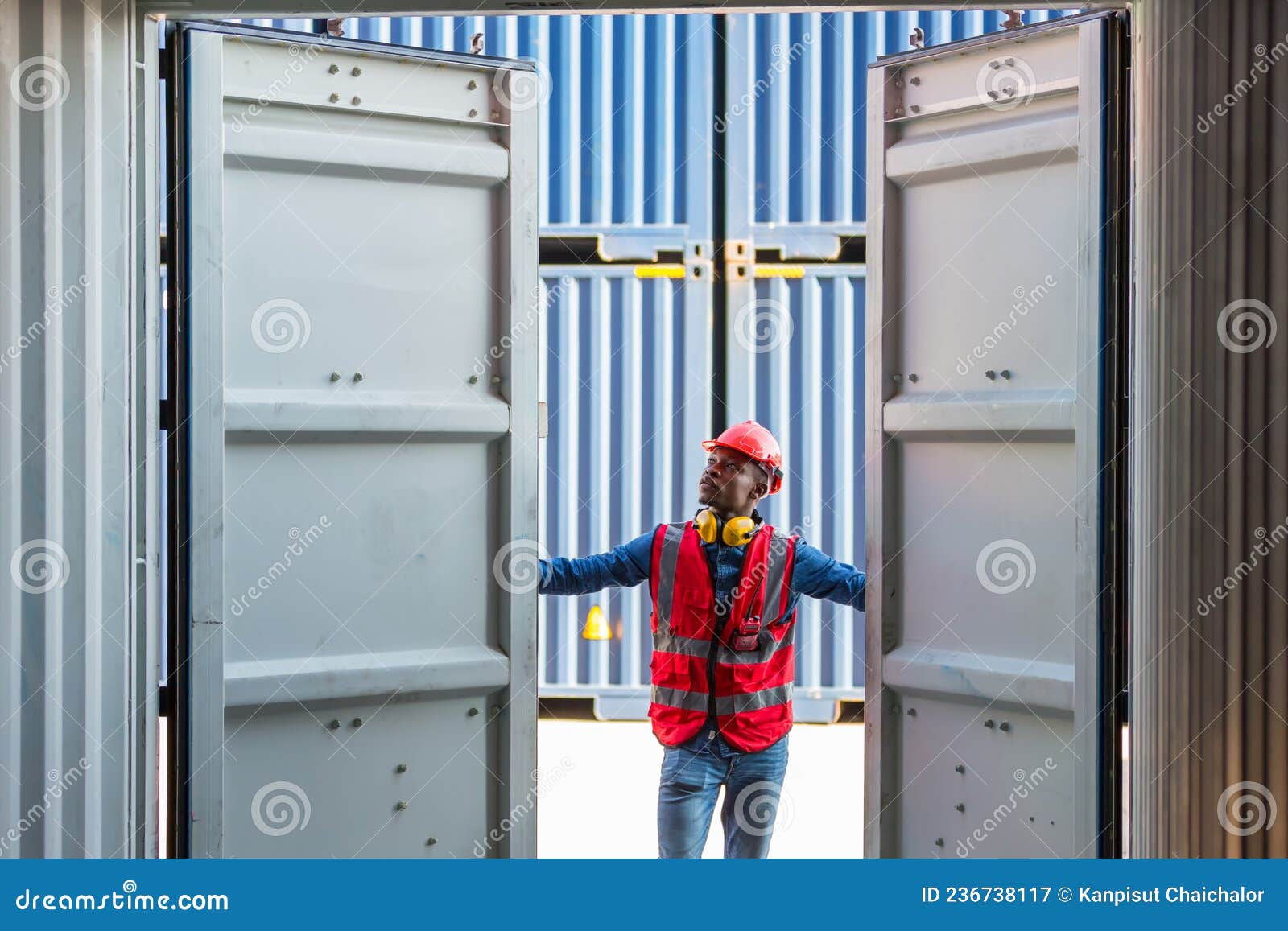 Professional Foreman Work at Container Cargo Site Check Up Goods in ...