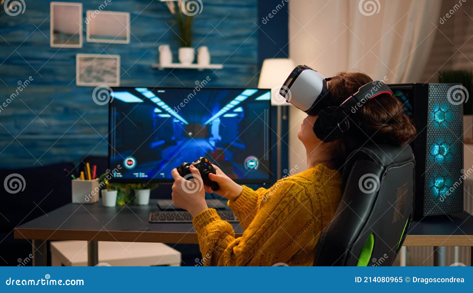 Professional Gamer Wearing Virtual Reality Headset Using Wireless ...