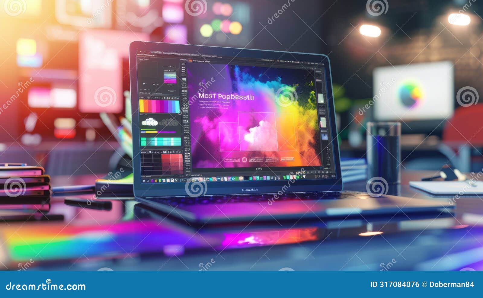 Professional Graphic Design Workspace with Vibrant Laptop Display in ...