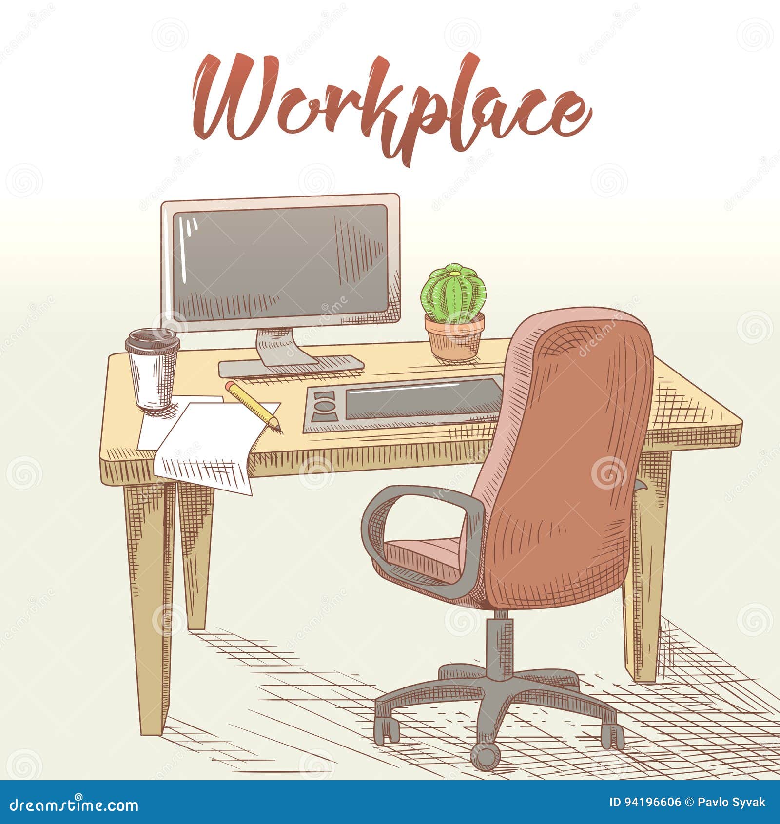 Professional Graphic Designer Hand Drawn Workplace with Table, Computer ...