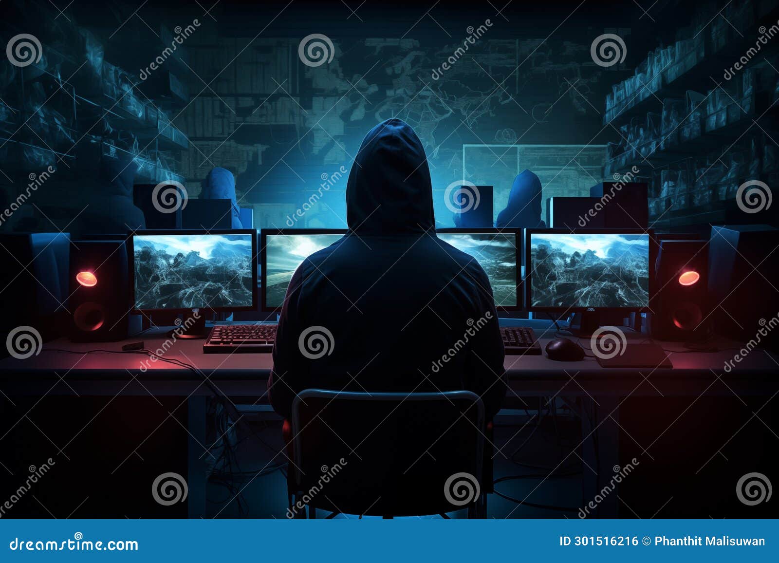 Hacker Hooded Man Stealing Information From Computer. Cyber Crime. Pop ...