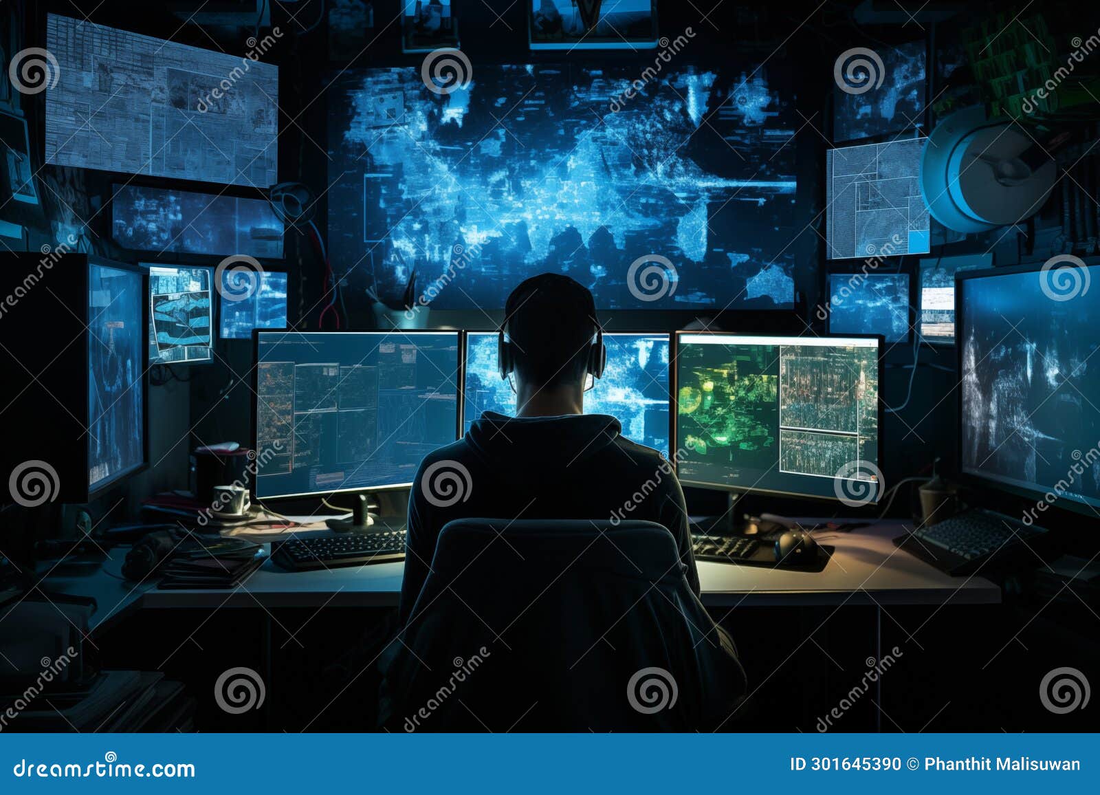 A Professional Hacker, Hooded and Enigmatic, Seated in Front of a Bank ...