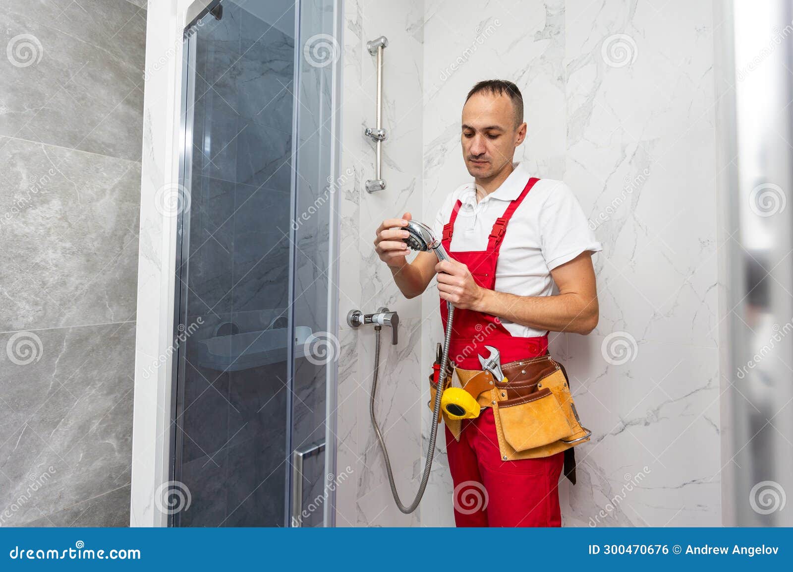 Professional Handyman Working in Shower Booth Indoors Stock Photo ...
