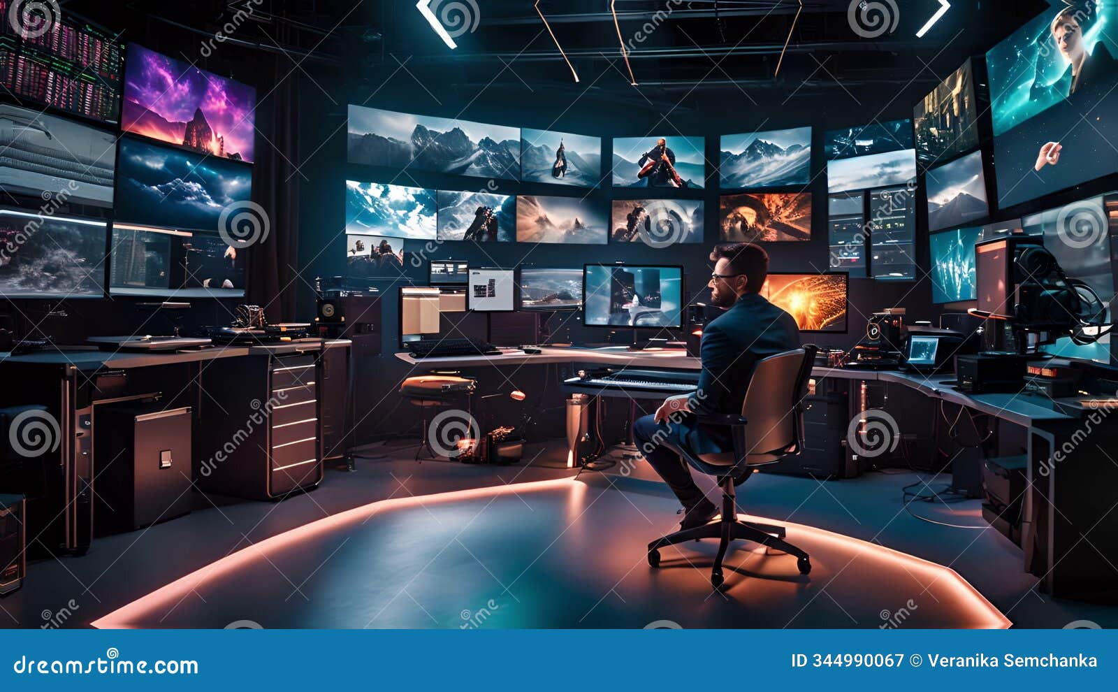 Professional in Hightech Command Center with Multiple Monitors and ...