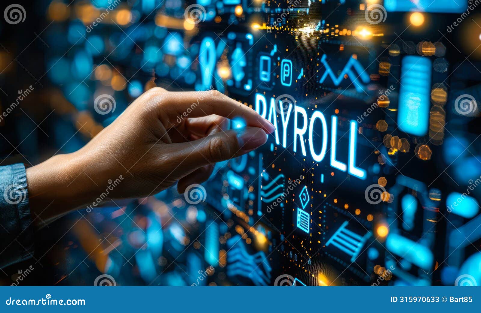 Professional Holding Virtual Interface with Payroll and Financial Icons ...