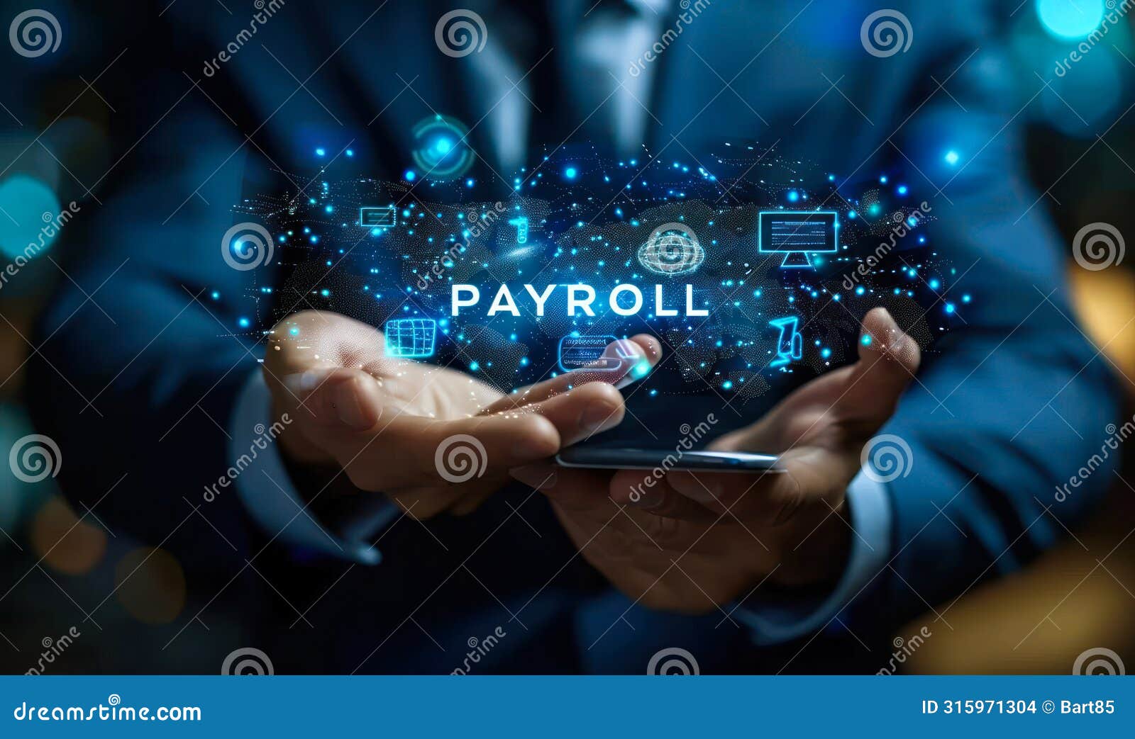 Professional Holding Virtual Interface with Payroll and Financial Icons ...