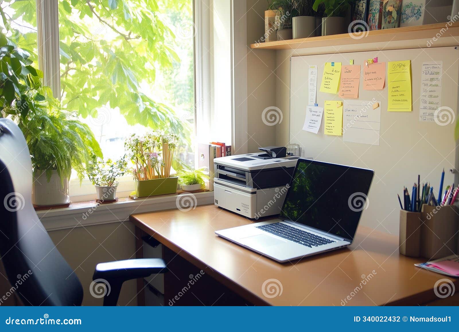 Professional Home Office with Laptop and Printer on Desk, Sticky Notes ...