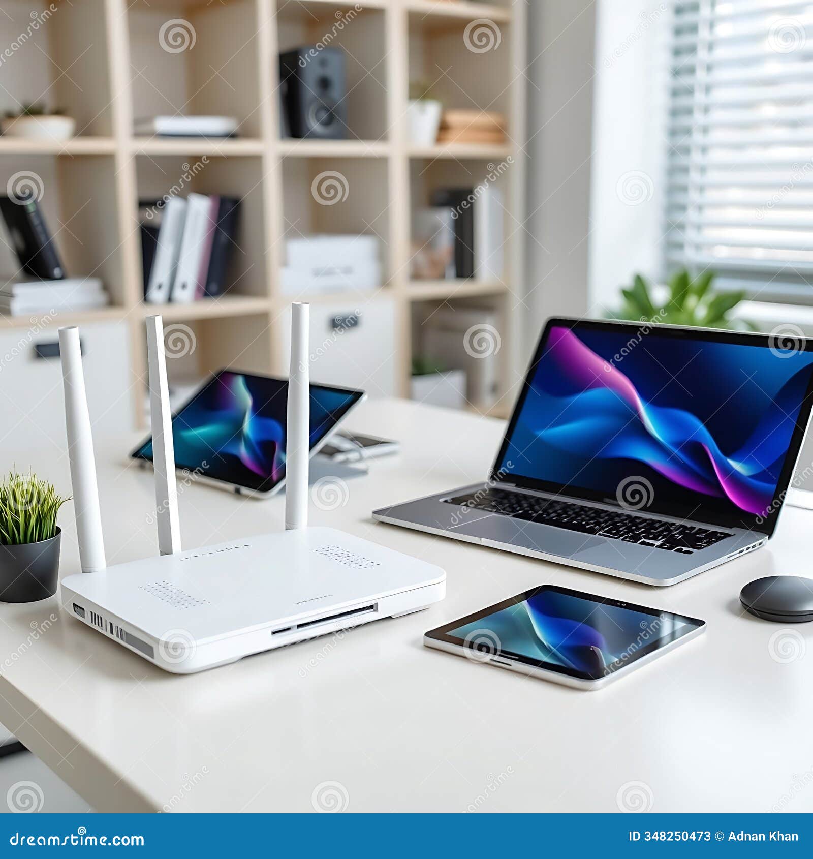 A Professional Home Office Setup Featuring a Wi Fi Router Laptop and ...