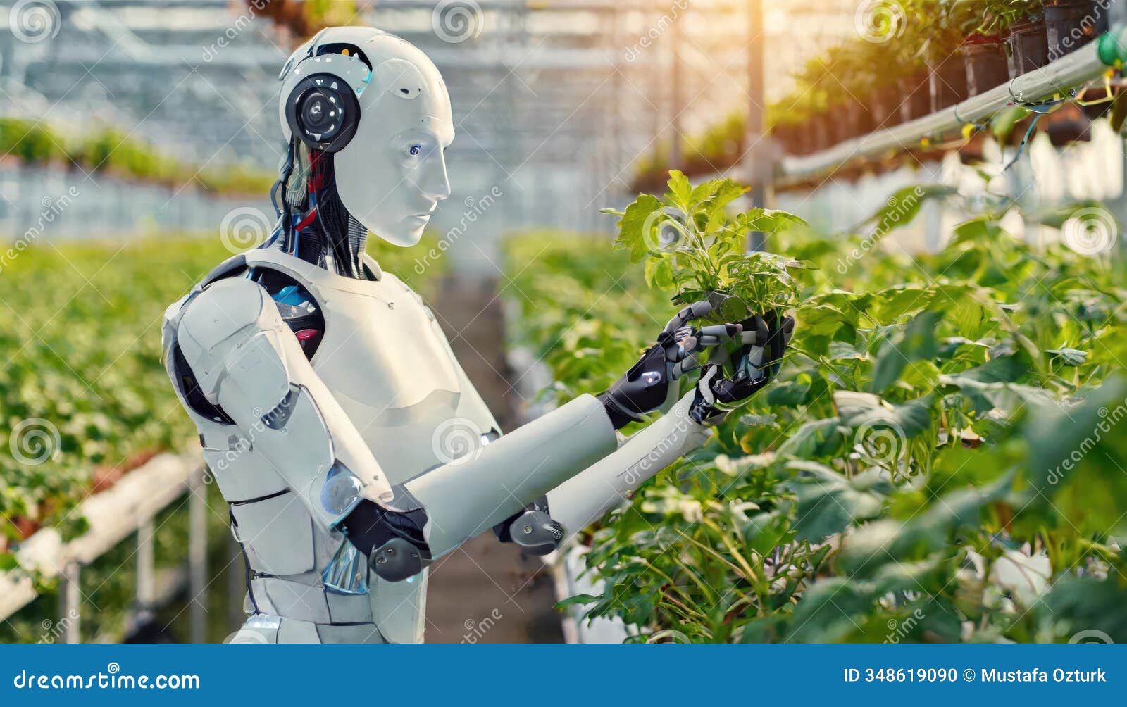Professional Humanoid Robot Bioengineer Examining Crops on Modern ...