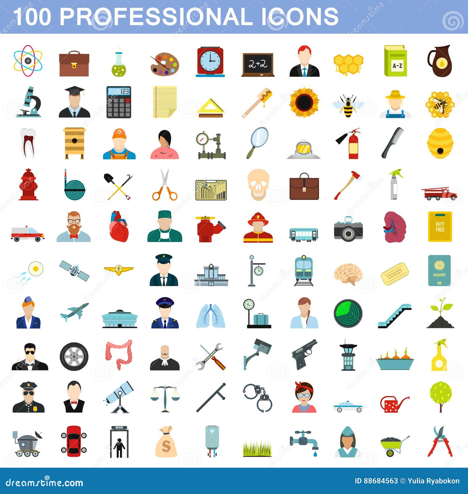 100 Professional Icons Set, Flat Style Stock Vector - Illustration of ...