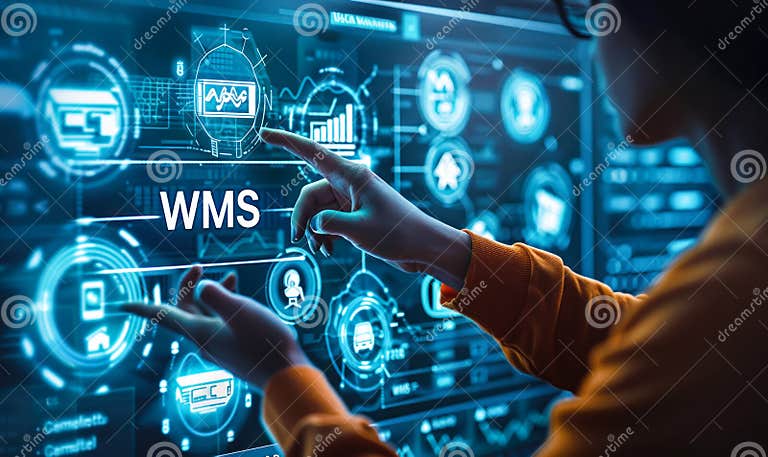 Professional Interacts with Digital Interface Displaying WMS Warehouse ...