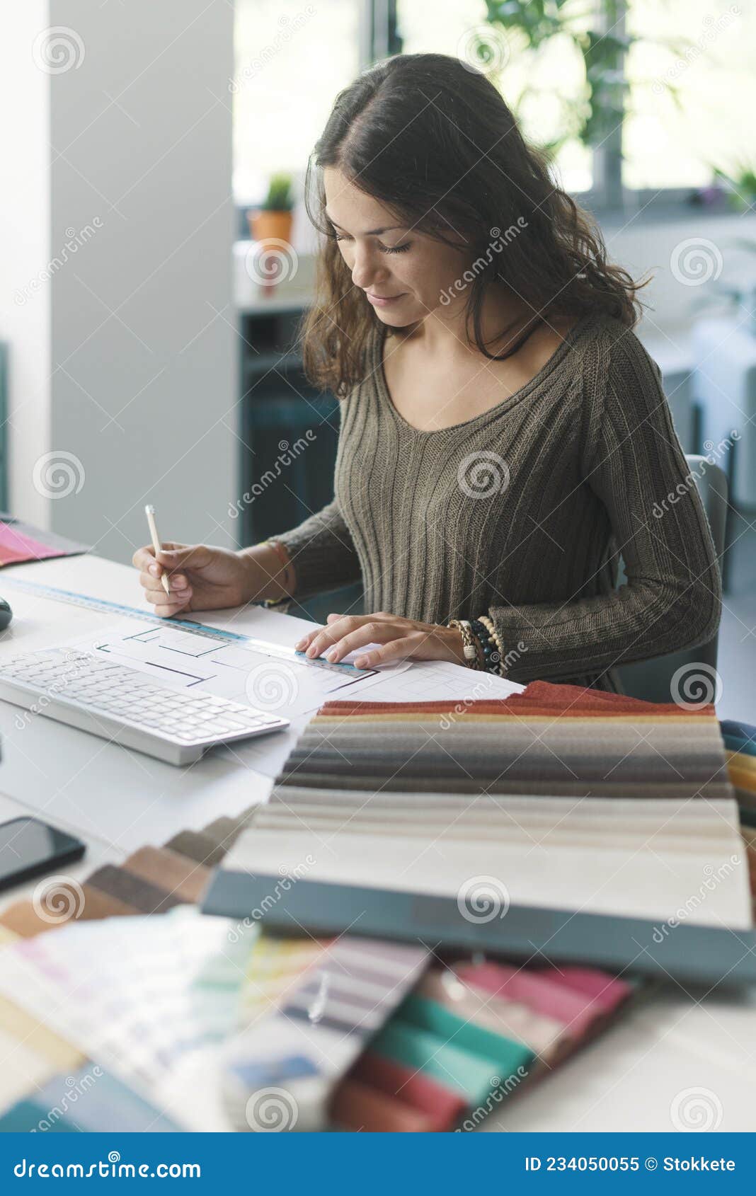 Professional Interior Designer Sitting at Desk and Working Stock Image ...