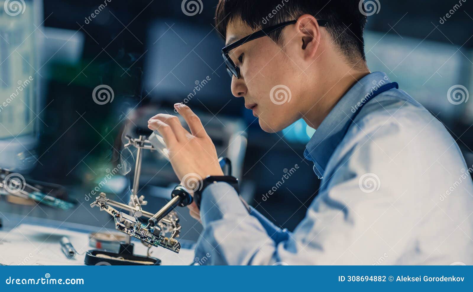 Professional Japanese Electronics Development Engineer in Blue Shirt is ...