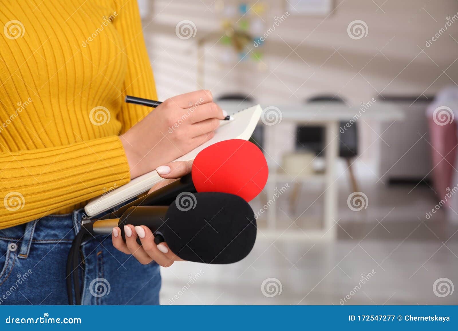 Professional Journalist with Microphones Taking Notes, Closeup Stock ...
