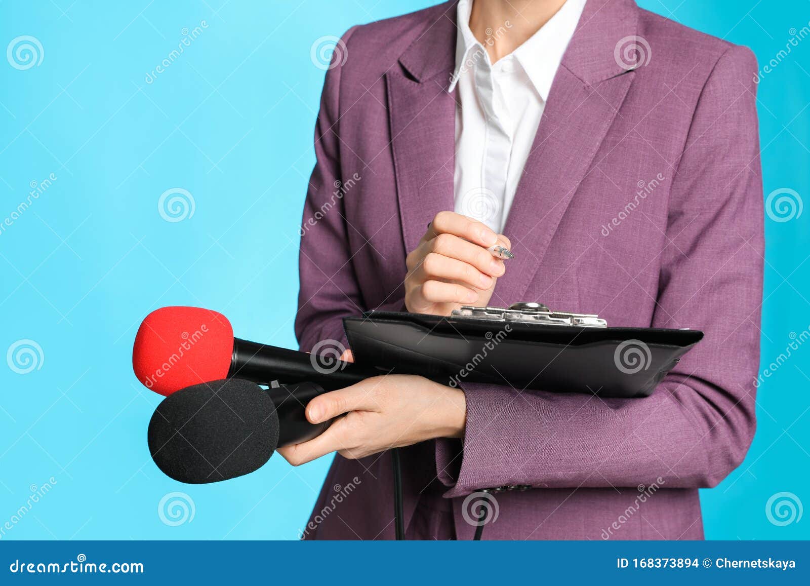 Professional Journalist Taking Notes on Blue Background, Closeup Stock ...
