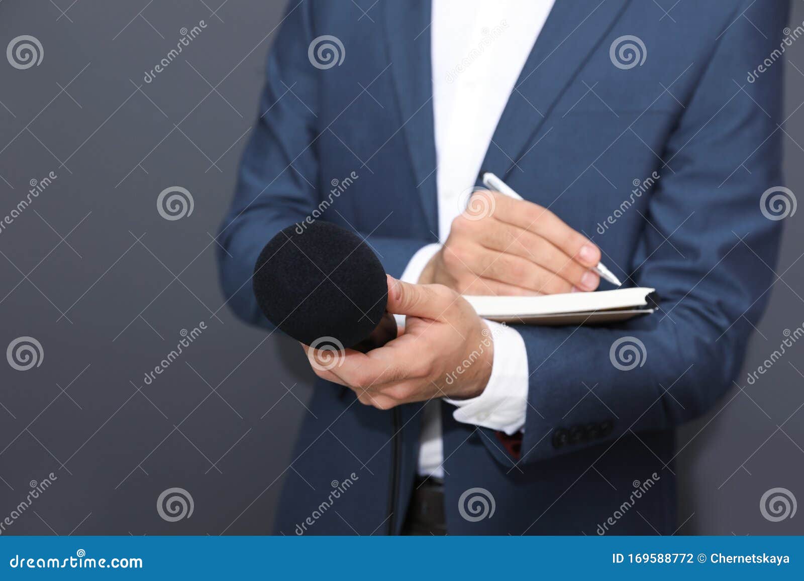 Professional Journalist Taking Notes on Dark Background, Closeup Stock ...