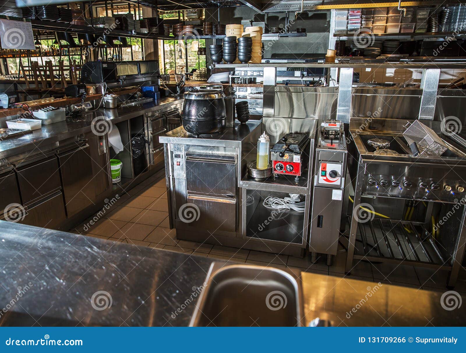 Professional Kitchen, View Counter in Stainless Steel Stock Photo ...