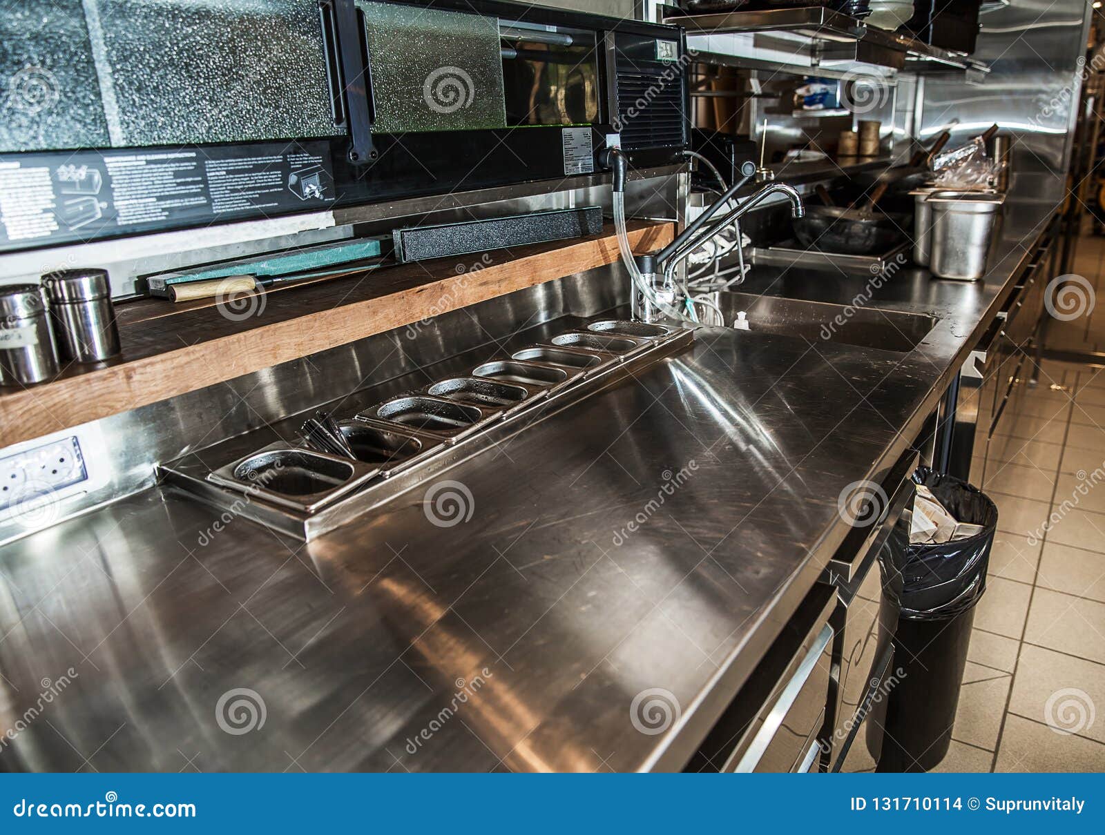 Professional Kitchen, View Counter in Stainless Steel Stock Photo ...