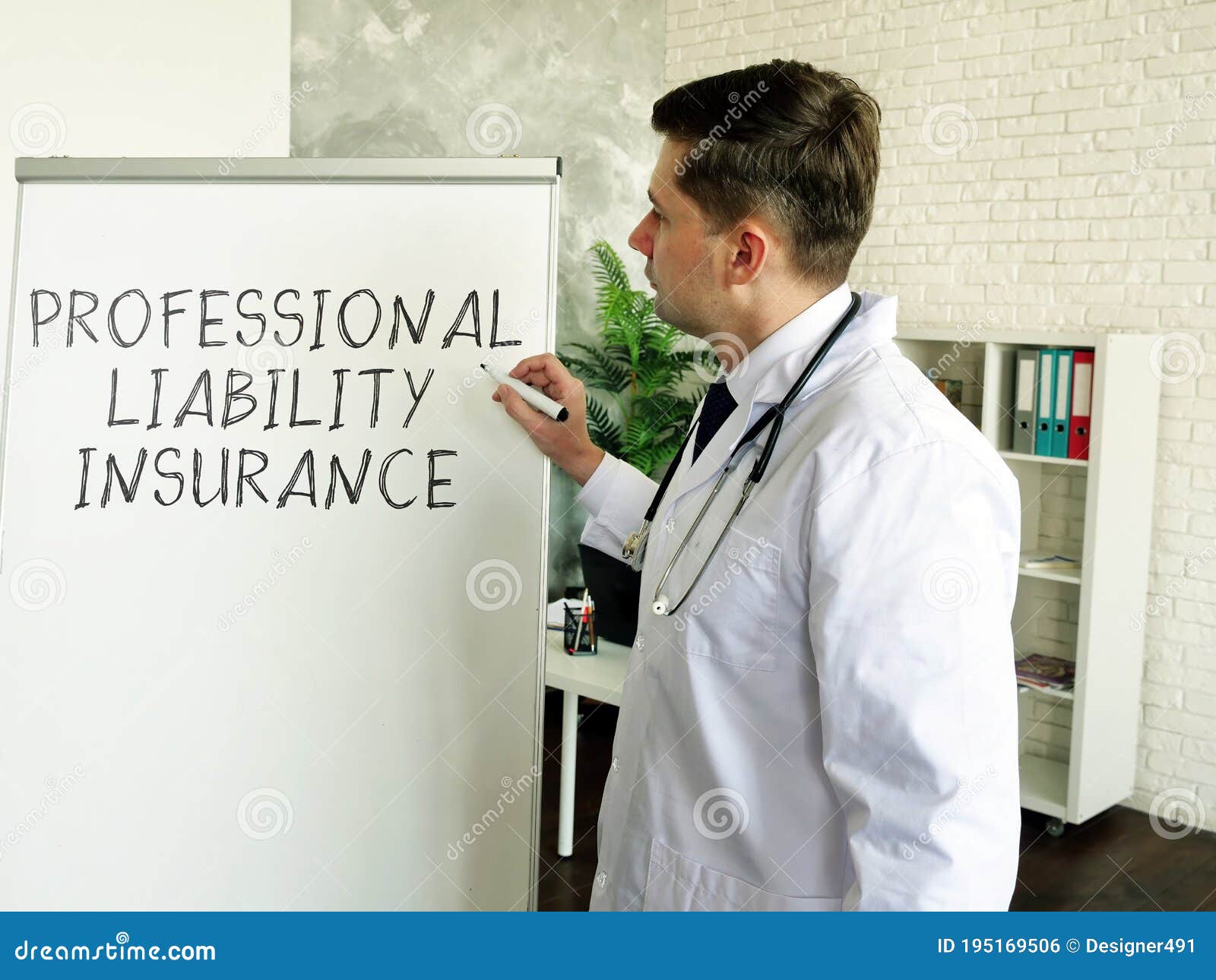 Professional Liability Insurance PLI. Doctor at the Whiteboard. Stock ...