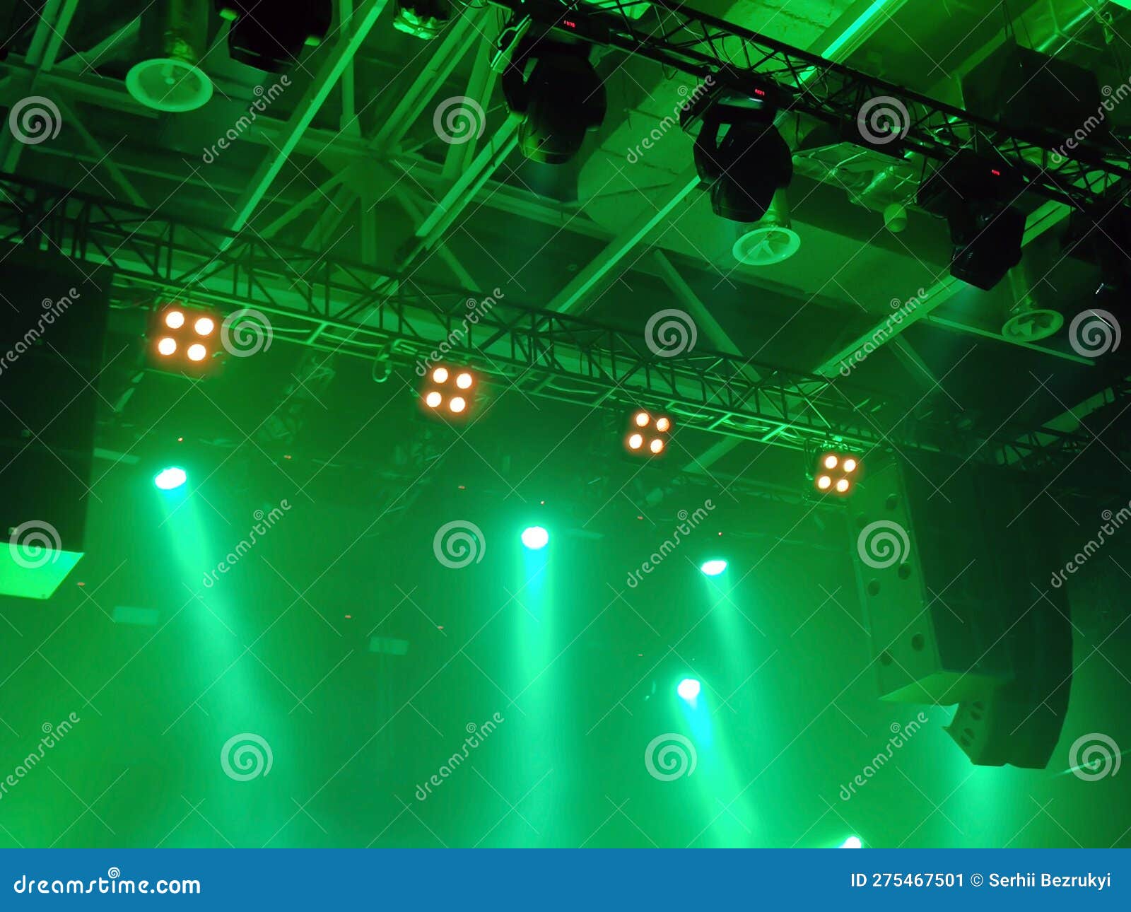 Professional Lighting Equipment on the Ceiling of the Stage on a Green ...