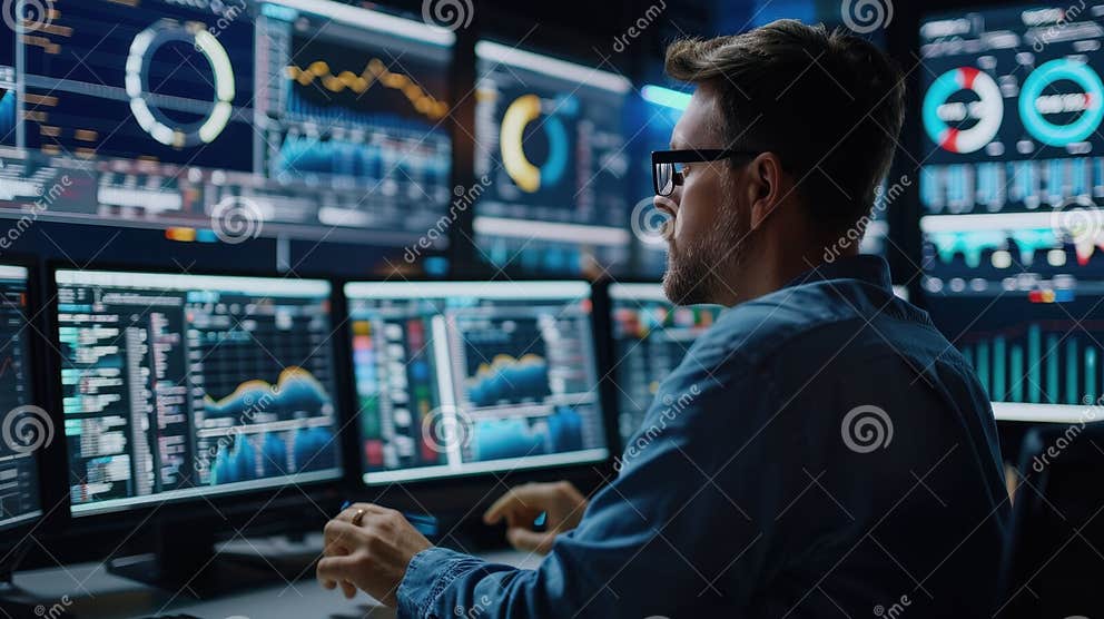 Professional Male Analyst Working at His Multi-Screen Computer Setup ...