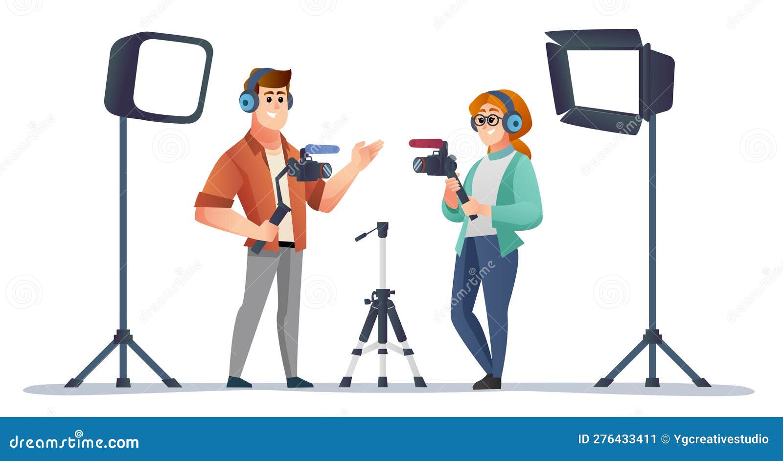 Professional Male and Female Videographer Holding Camera Stabilizer in ...