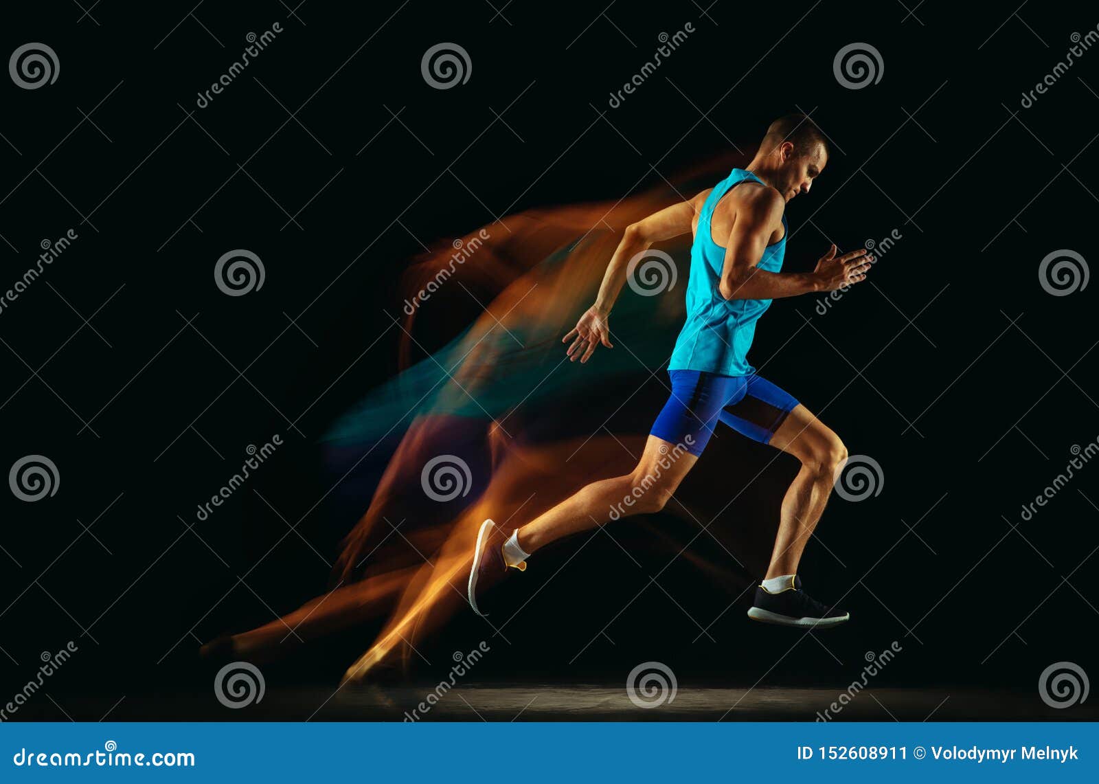 Professional Male Runner Training Isolated on Black Studio Background ...