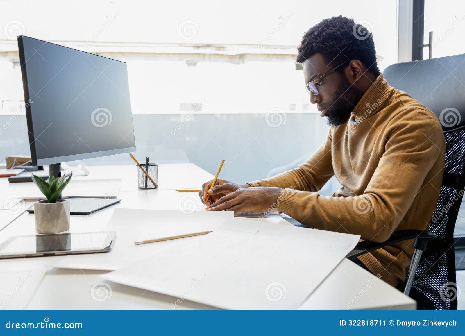 Professional Man Architect Designing Professional Architects Plans for ...