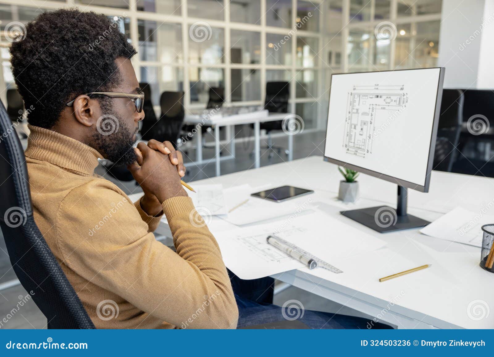 Professional Man Architect Designing Professional Architects Plans for ...