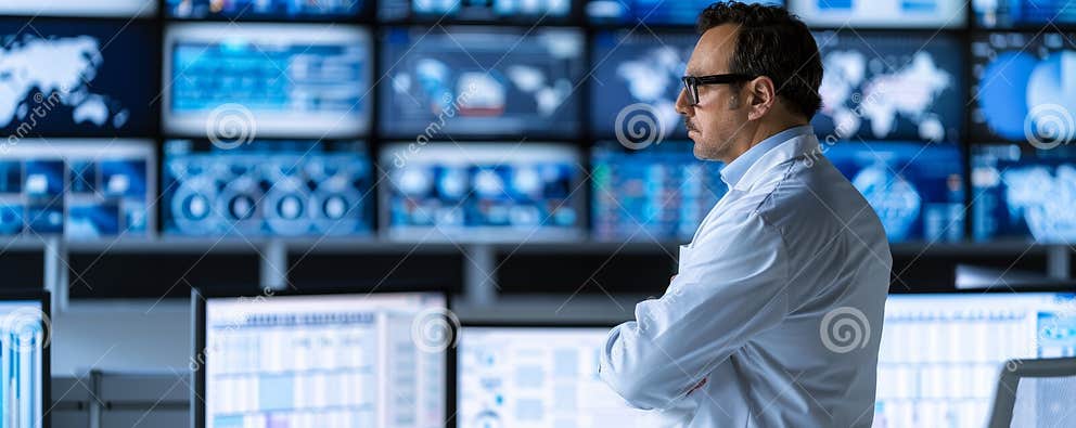 Professional Man in Control Room with Multiple Screens Displaying Data ...