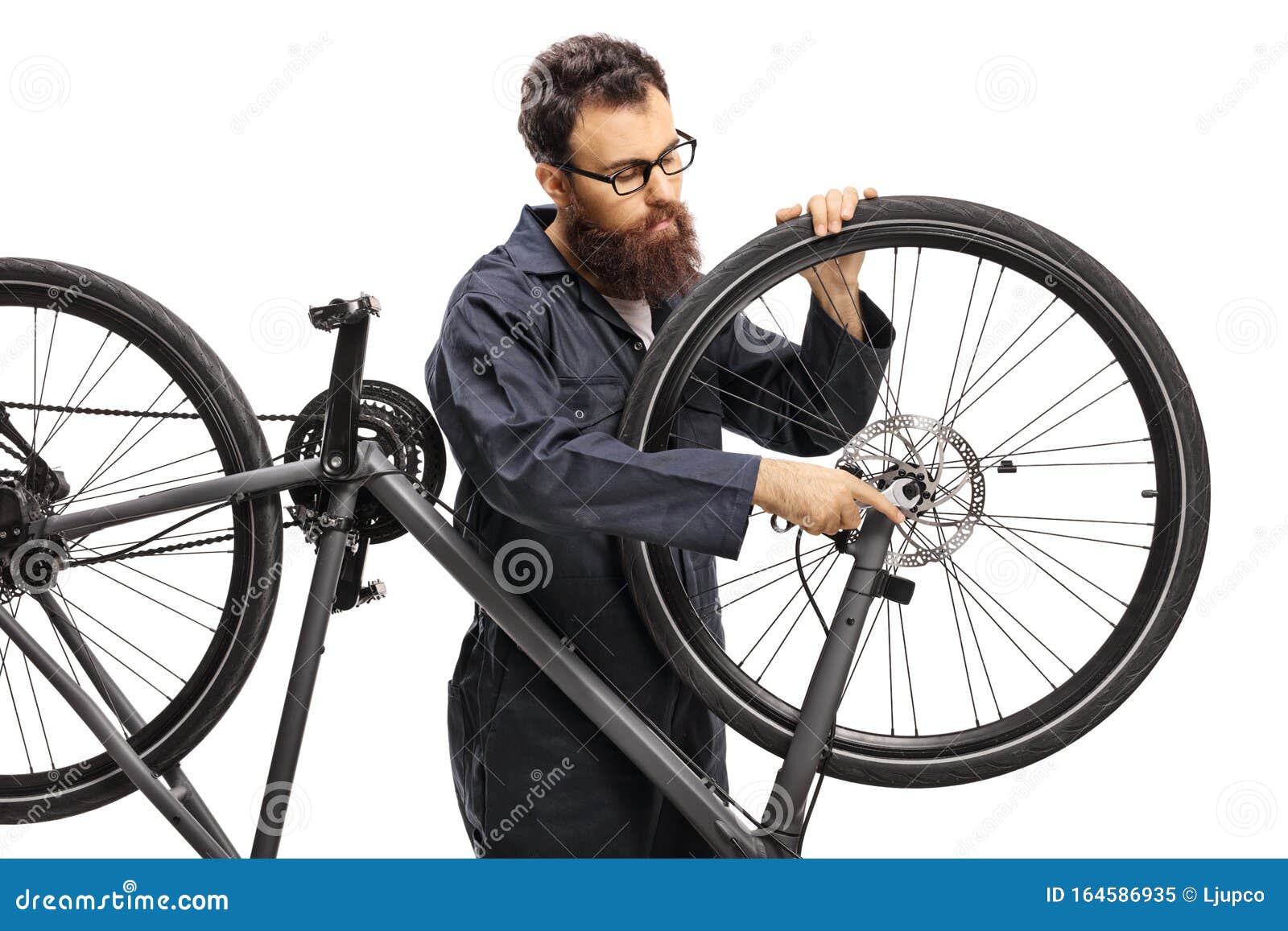 Professional Man Mending a Bicycle Isolated on White Background Stock ...